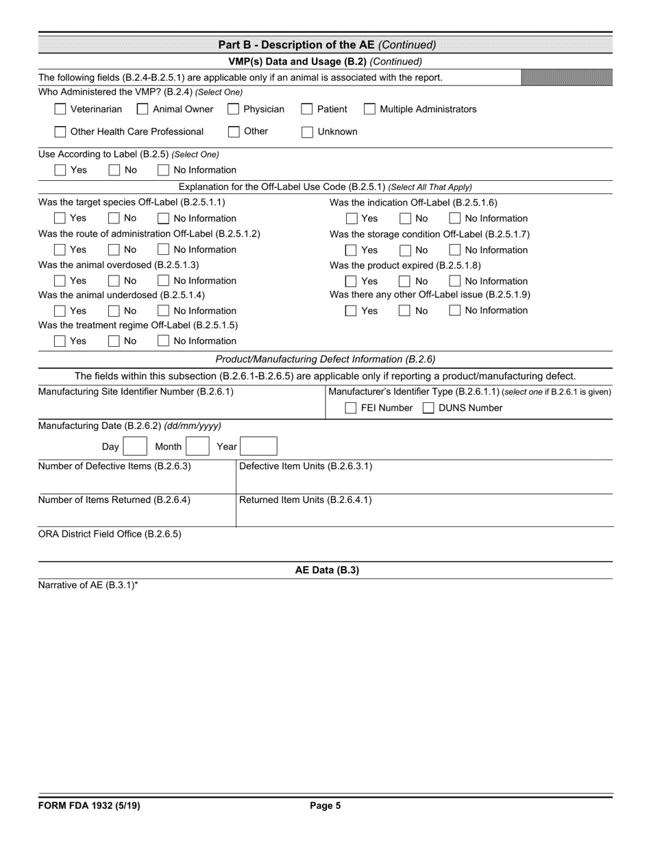 Form FDA1932 Download Fillable PDF or Fill Online Veterinary Adverse Drug Reaction, Lack of ...