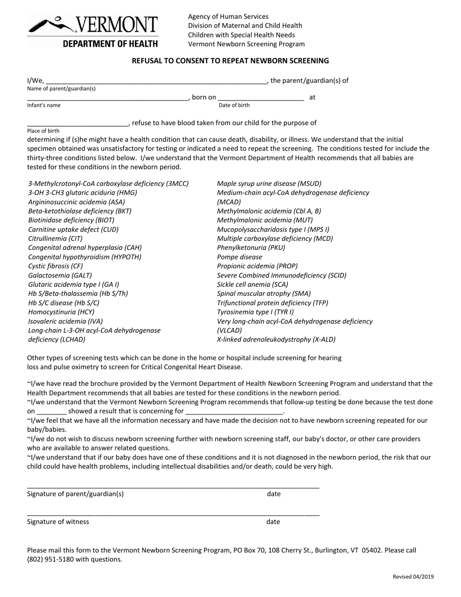 Vermont Refusal to Consent to Repeat Newborn Screening - Fill Out, Sign ...