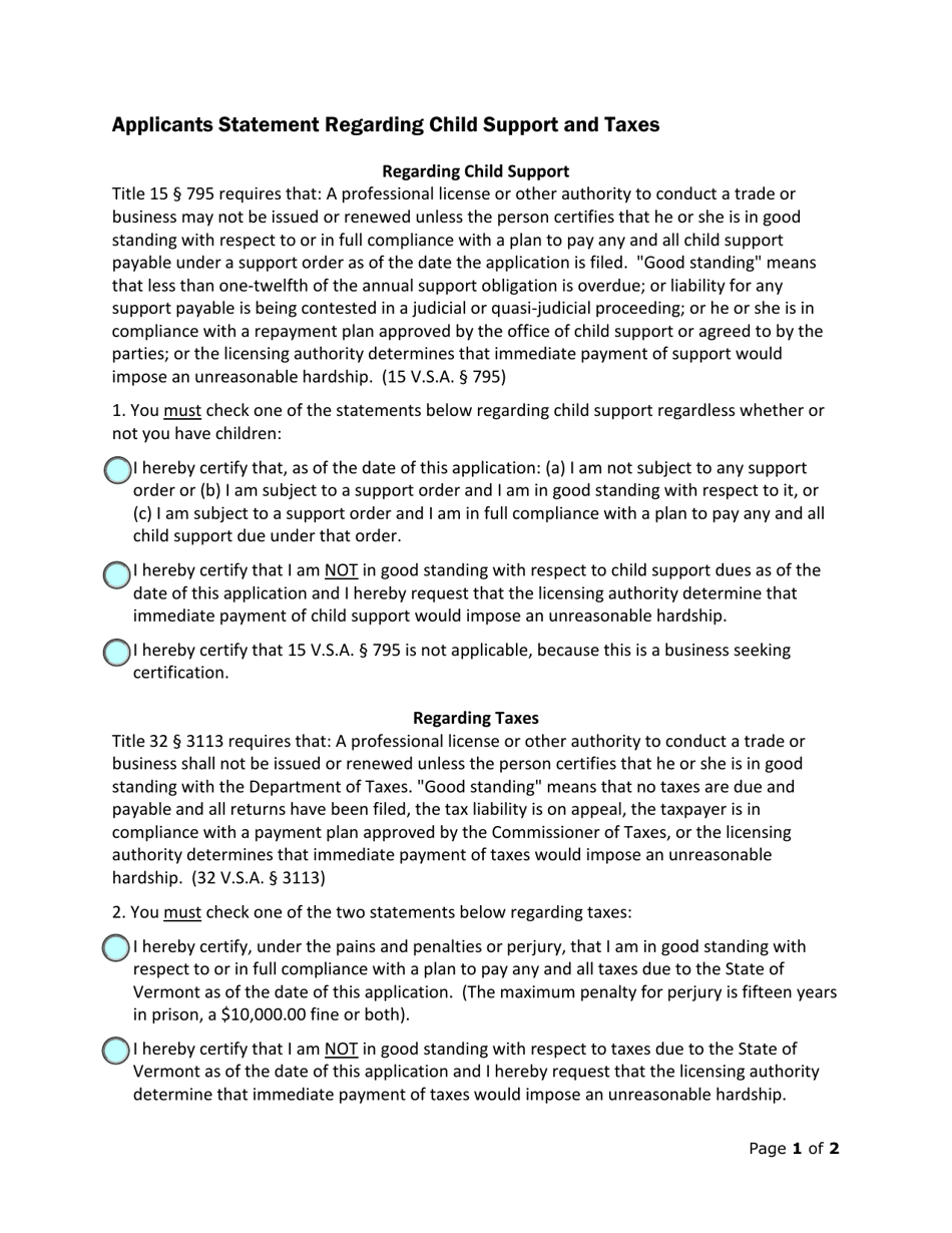 Vermont Applicants Statement Regarding Child Support and Taxes - Fill ...