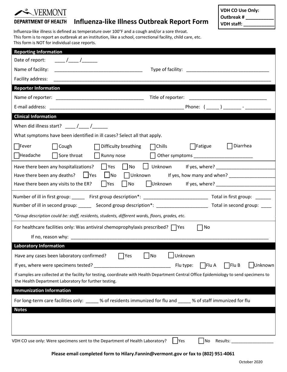 Vermont Influenza-like Illness Outbreak Report Form - Fill Out, Sign ...