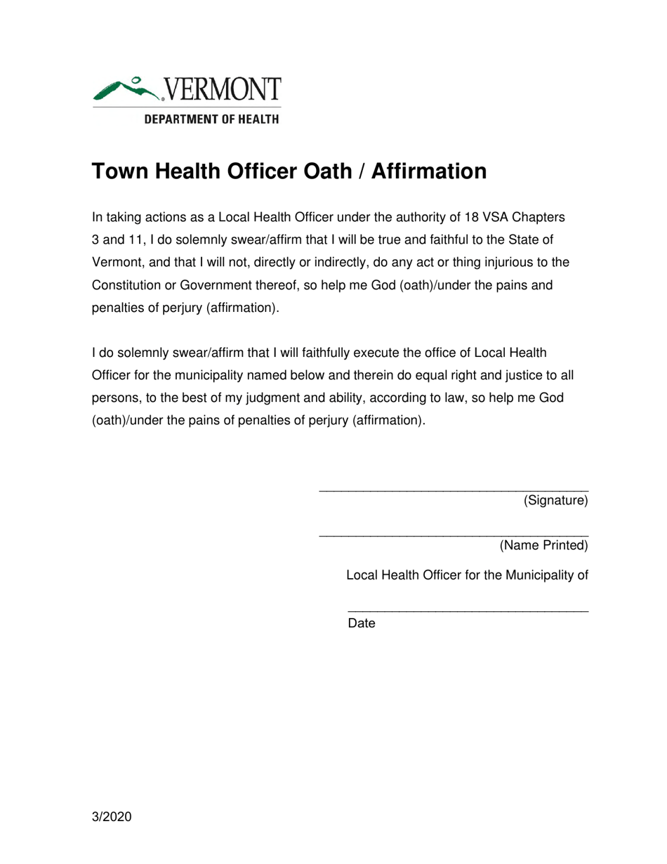 Vermont Town Health Officer Oath/Affirmation - Fill Out, Sign Online and Download PDF ...