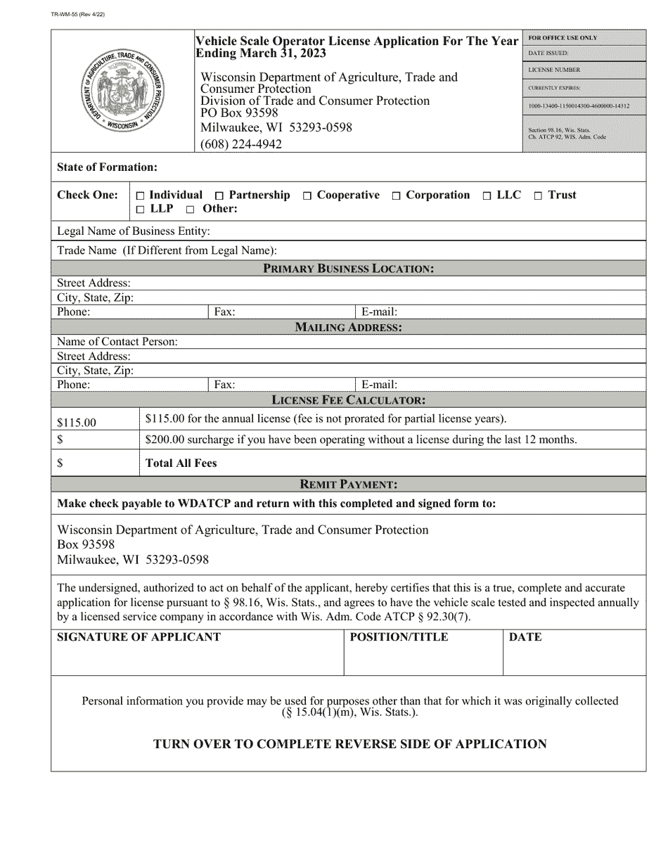Form TR-WM-55 - 2022 - Fill Out, Sign Online and Download Printable PDF, Wisconsin | Templateroller