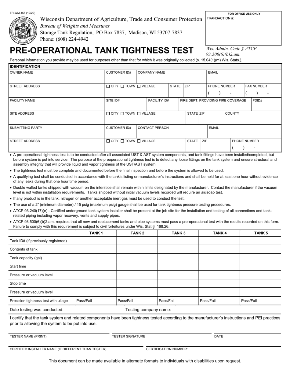 Form TR-WM-155 Download Printable PDF or Fill Online Pre-operational ...