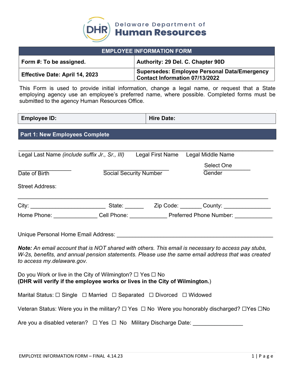 Delaware Employee Information Form Download Fillable PDF | Templateroller