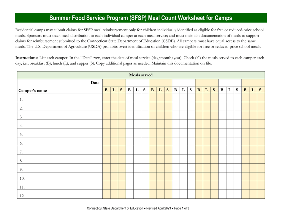 Connecticut Summer Food Service Program (Sfsp) Meal Count Worksheet for ...