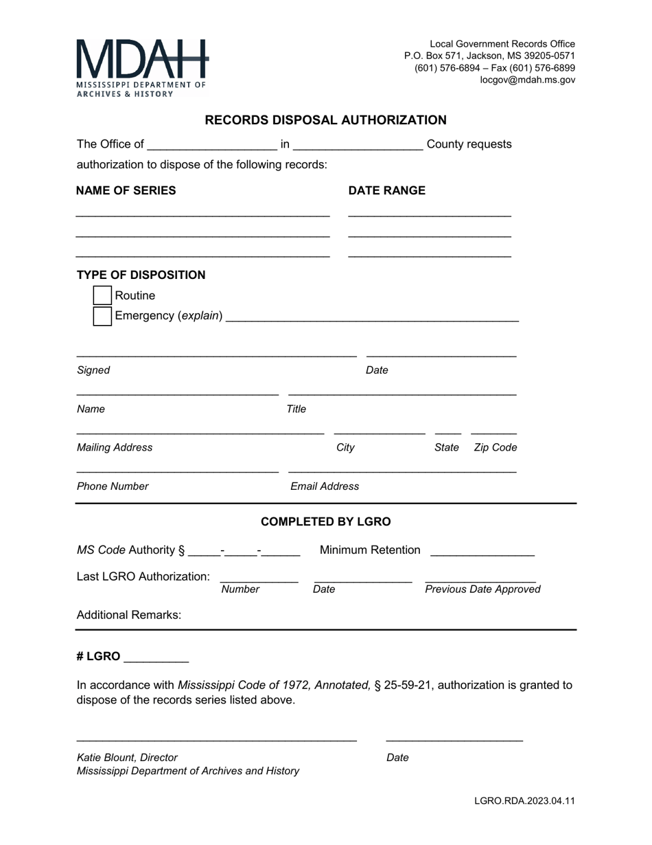 Mississippi Records Disposal Authorization Download Fillable PDF ...