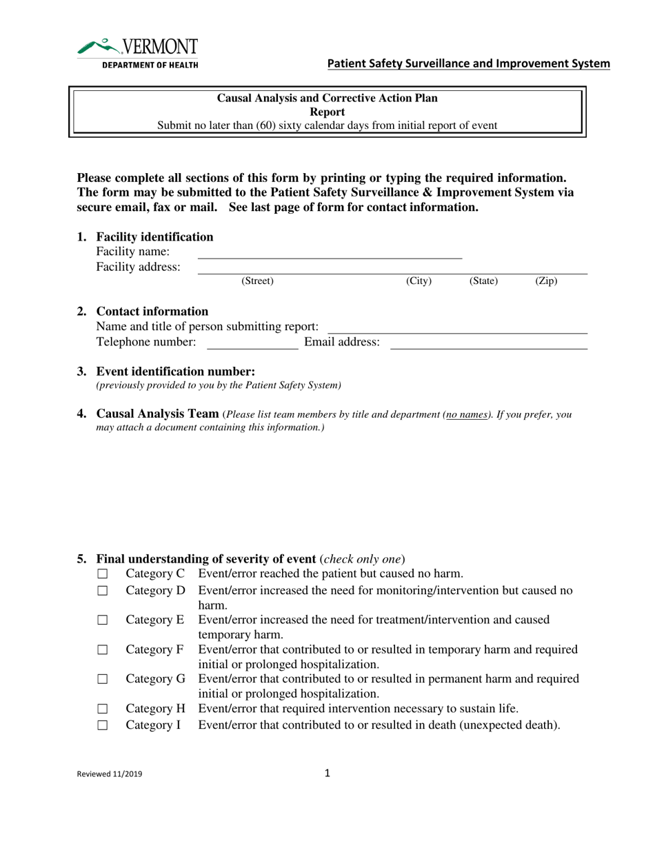 Vermont Causal Analysis and Corrective Action Plan Report - Fill Out ...