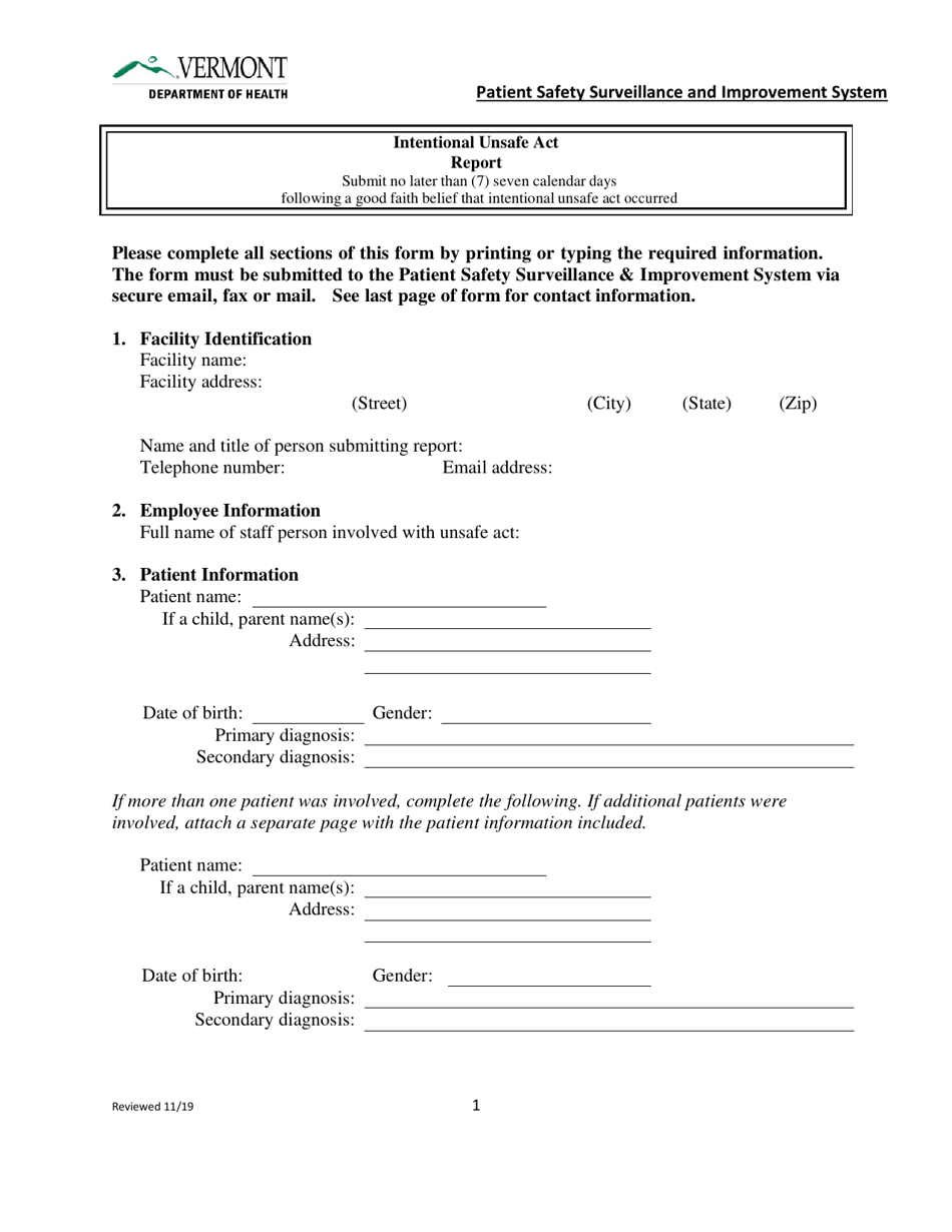 Vermont Intentional Unsafe Act Report - Fill Out, Sign Online and ...