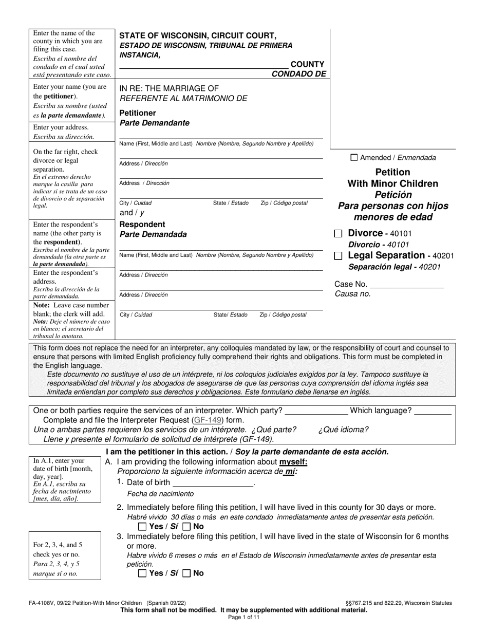 Form FA-4108V Download Printable PDF or Fill Online Petition With Minor ...