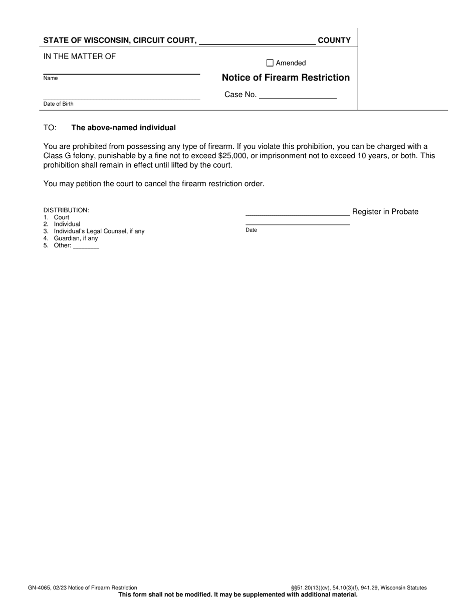 Form GN-4065 Download Printable PDF or Fill Online Notice of Firearm ...