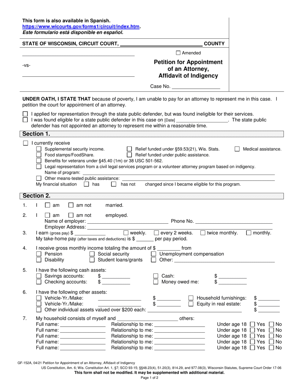 Form GF-152A - Fill Out, Sign Online and Download Printable PDF ...