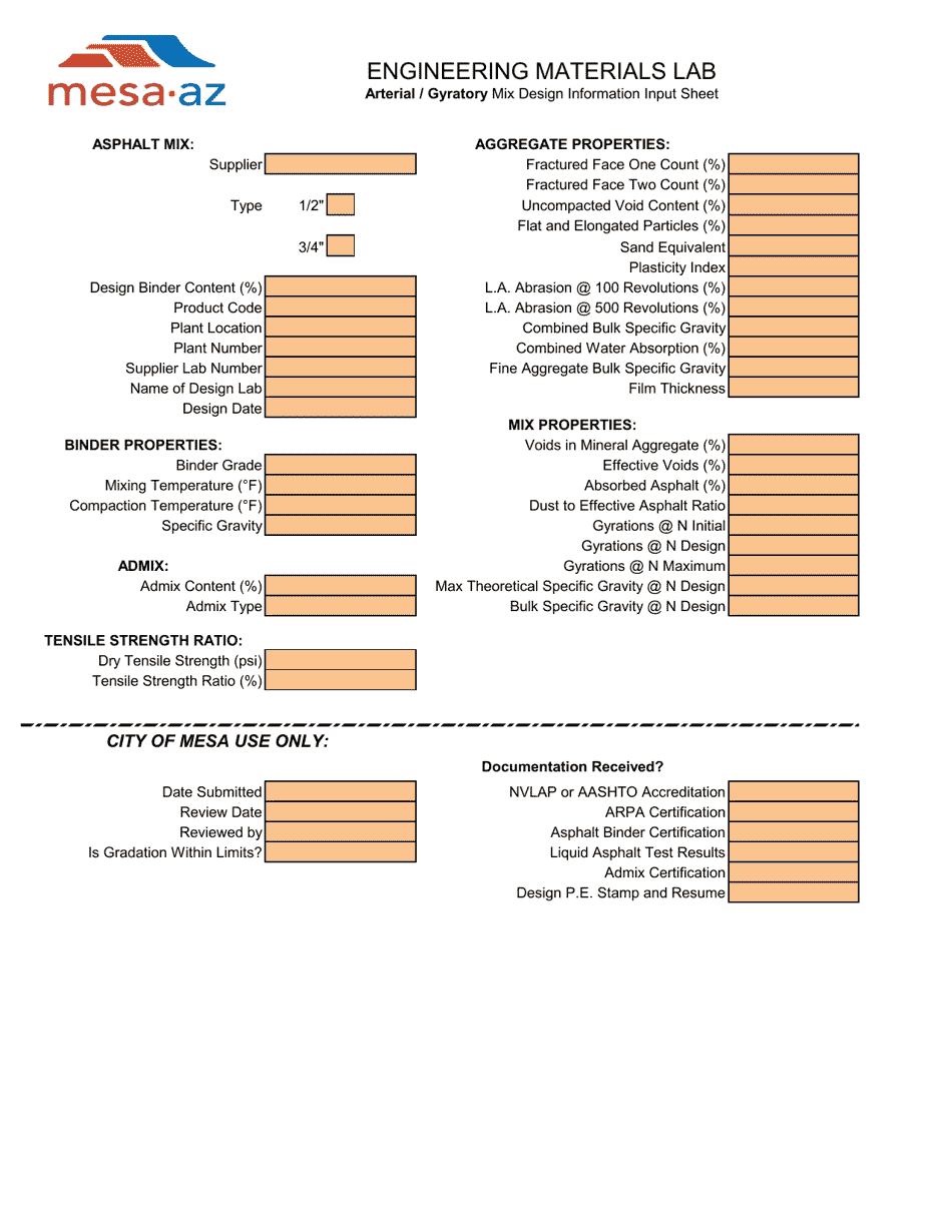 City of Mesa, Arizona Arterial/Gyratory Mix Design Information Input Sheet - Fill Out, Sign ...