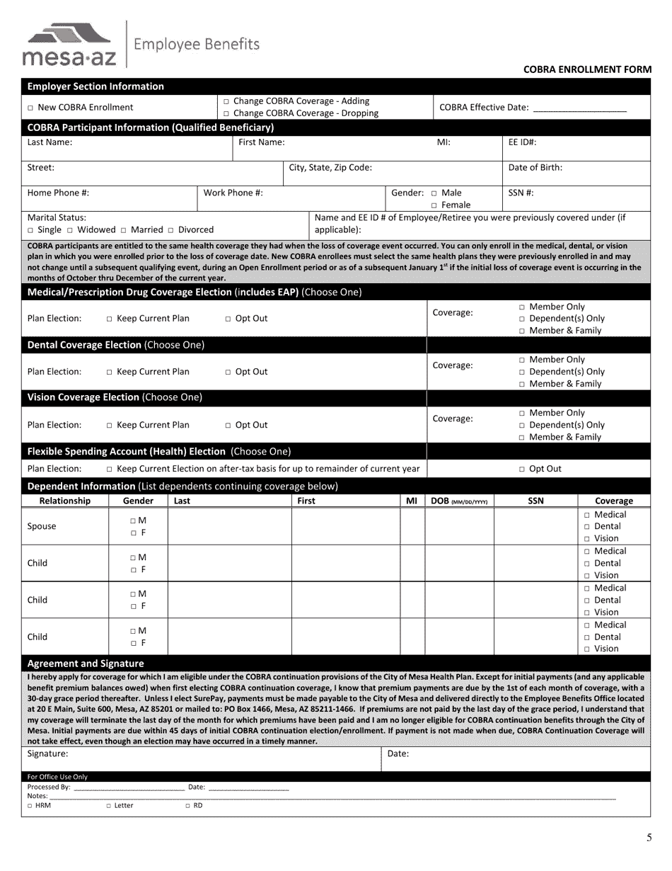 City of Mesa, Arizona Cobra Enrollment Form - Fill Out, Sign Online and ...