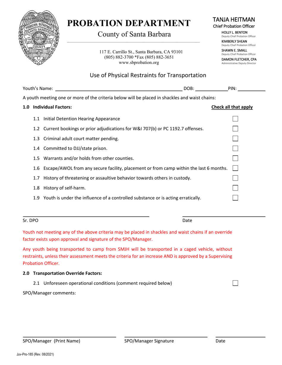 Form Juv-Pro-185 - Fill Out, Sign Online and Download Printable PDF, County of Santa Barbara ...