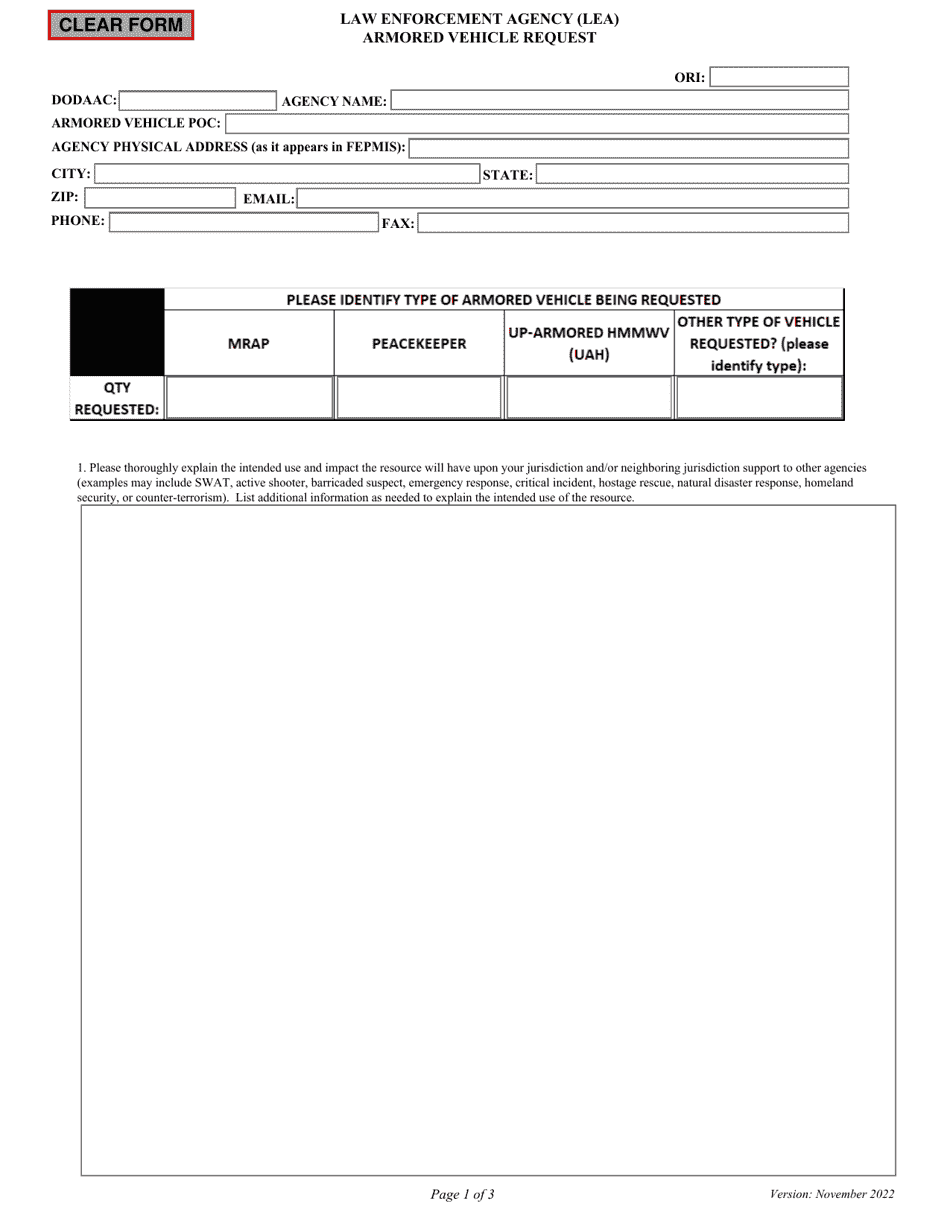 Armored Vehicle Request - Law Enforcement Agency (Lea) - Fill Out, Sign ...