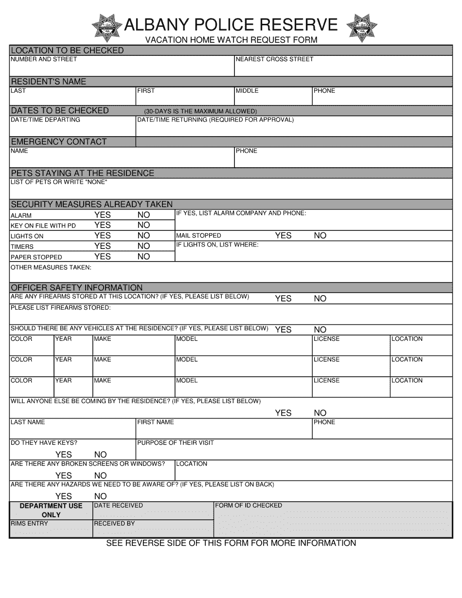 City of Albany, California Vacation Home Watch Request Form - Fill Out ...
