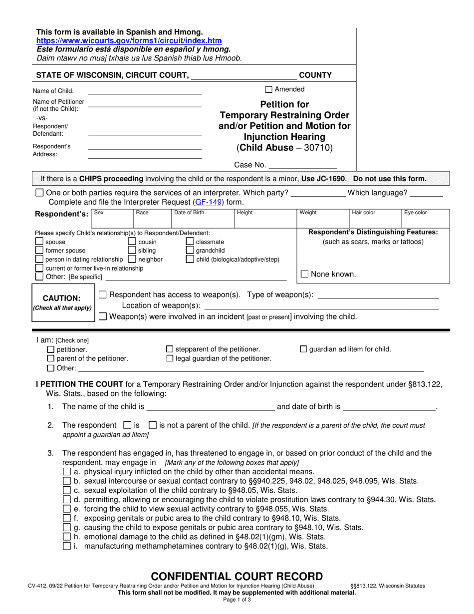 Form CV-412 Download Printable PDF or Fill Online Petition for Temporary Restraining Order and ...