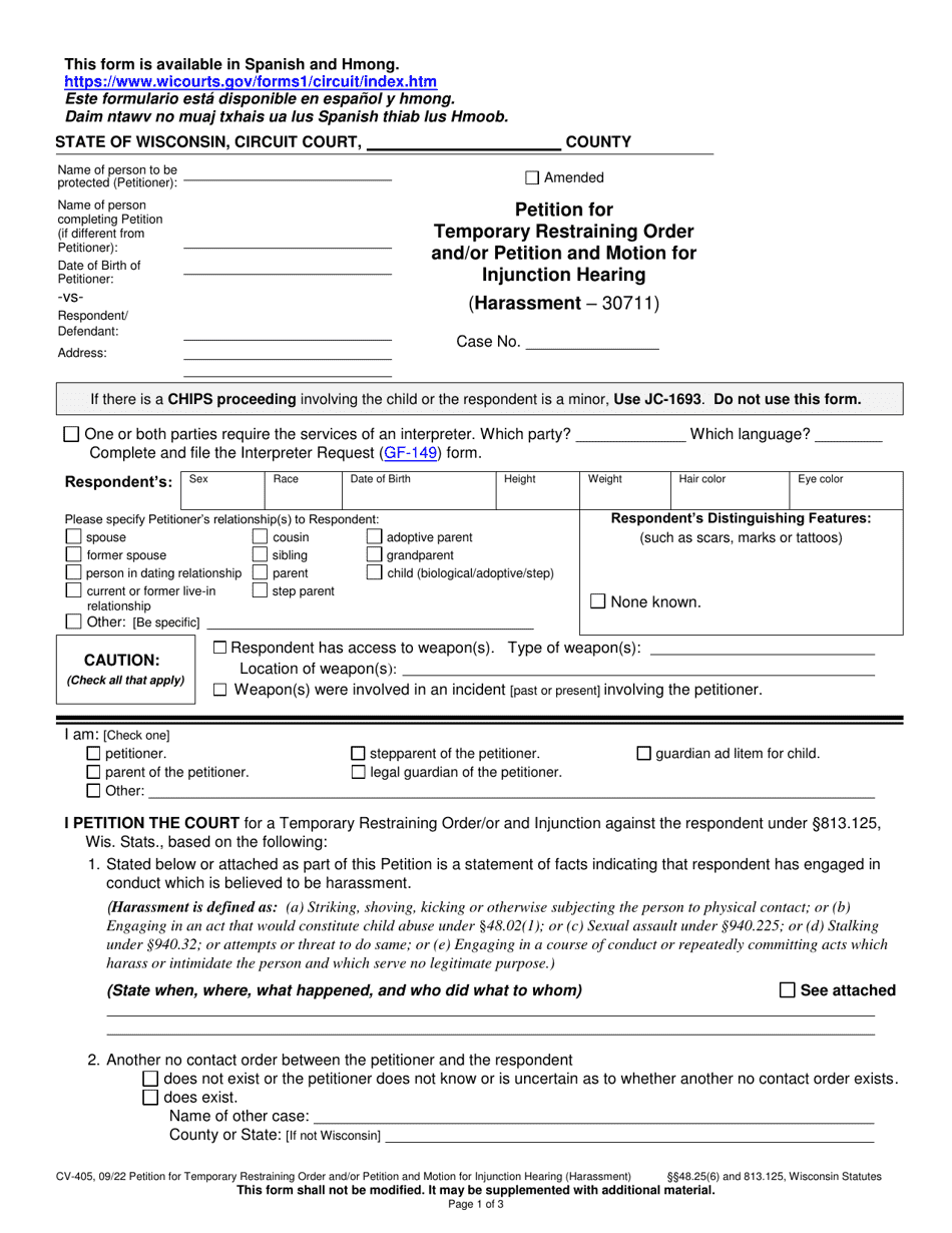 Form CV-405 Download Printable PDF or Fill Online Petition for ... Form CV-405 Download Printable PDF or Fill Online Petition for ...