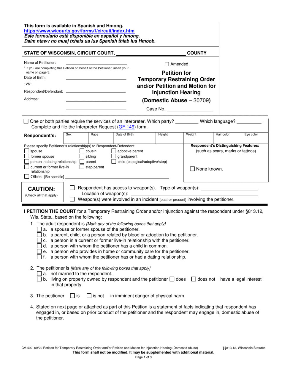 Form CV-402 - Fill Out, Sign Online and Download Printable PDF, Wisconsin | Templateroller