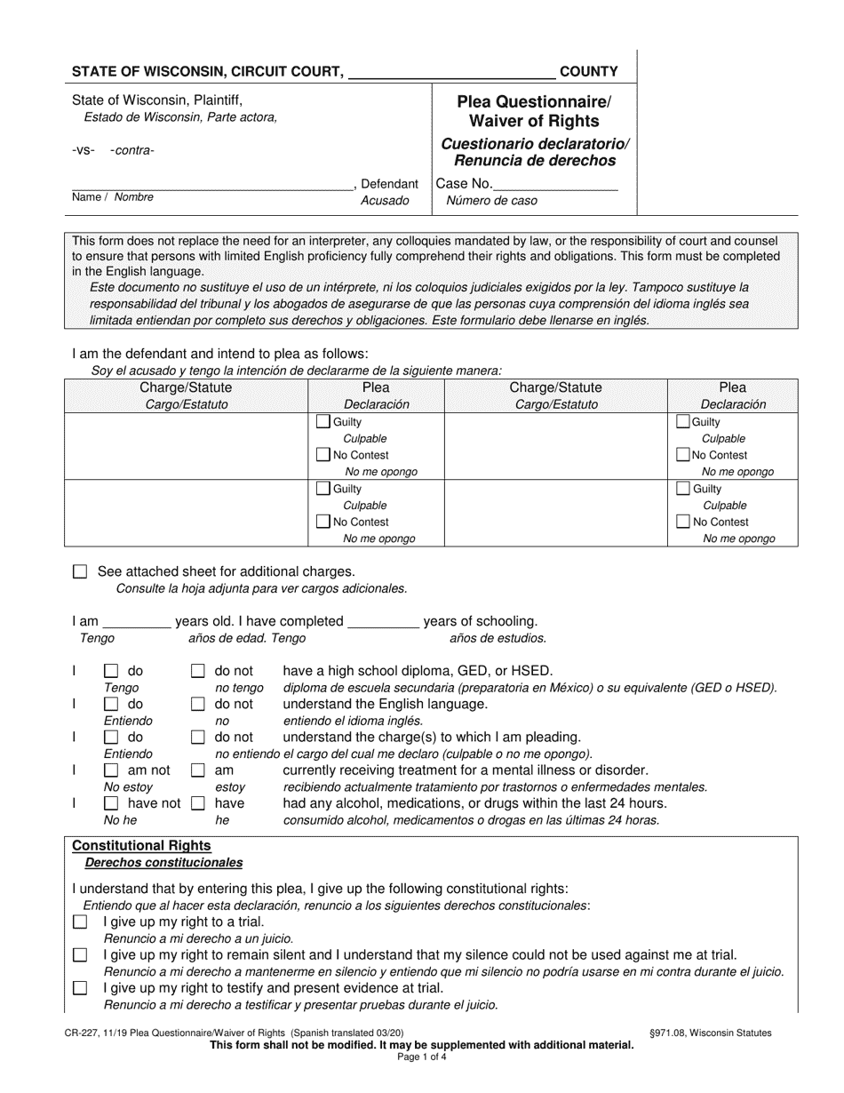 Form CR-227 Download Printable PDF or Fill Online Plea Questionnaire/Waiver of Rights, Wisconsin ...