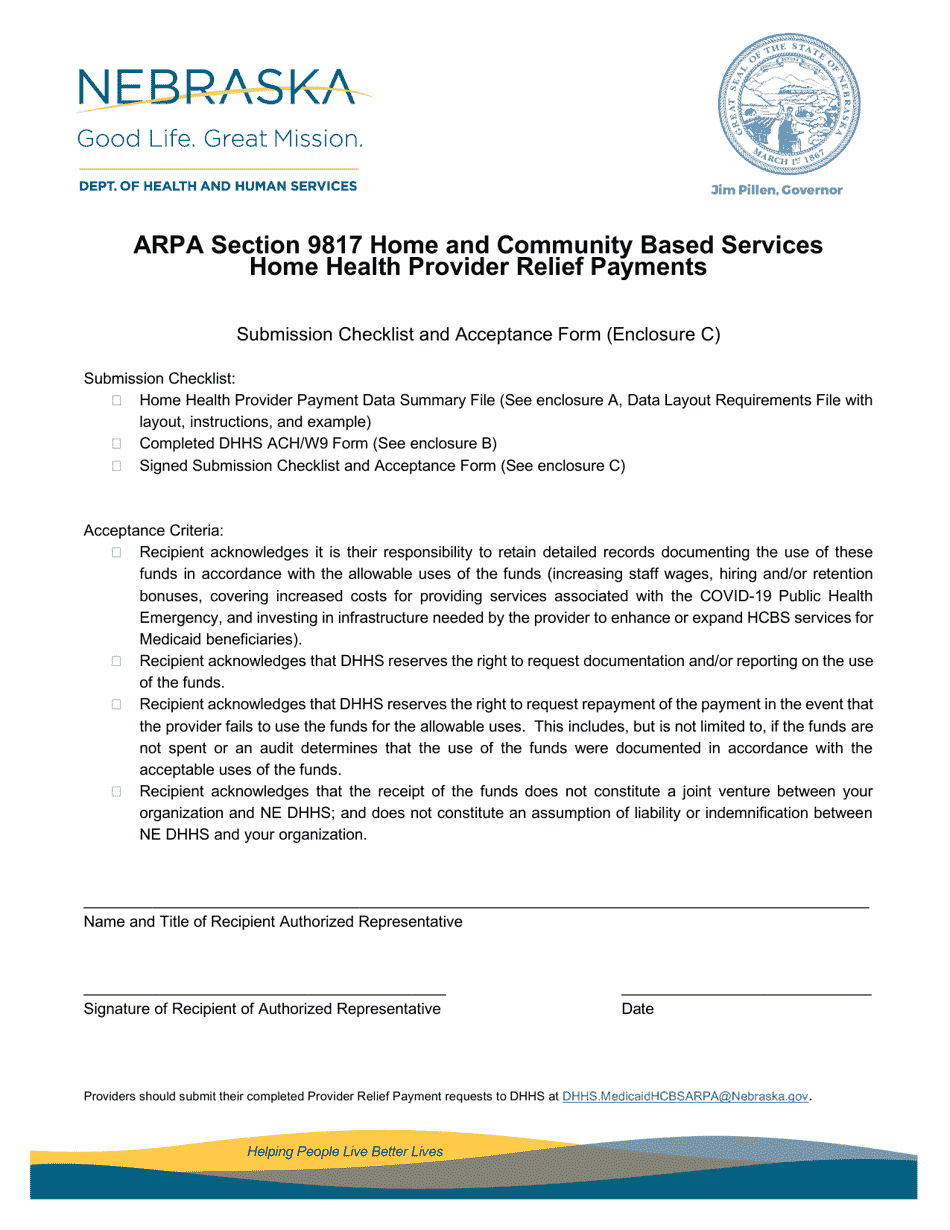 Nebraska Submission Checklist and Acceptance Form - Arpa Section 9817 Home and Community Based ...