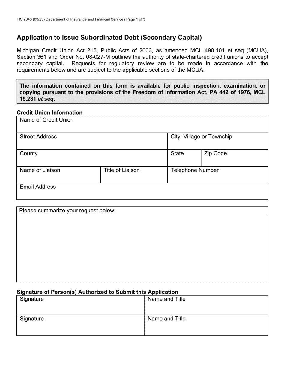 Form FIS2343 - Fill Out, Sign Online and Download Fillable PDF, Michigan | Templateroller