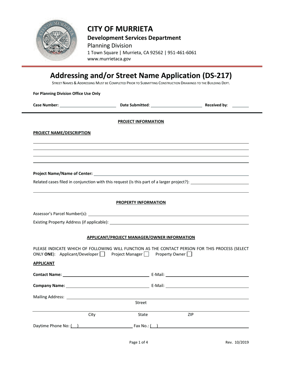Form DS-217 - Fill Out, Sign Online and Download Fillable PDF, City of ...