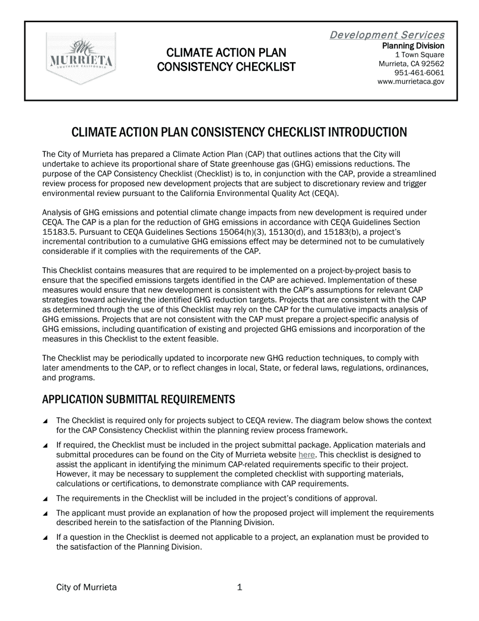 City of Murrieta, California Climate Action Plan Consistency Checklist ...