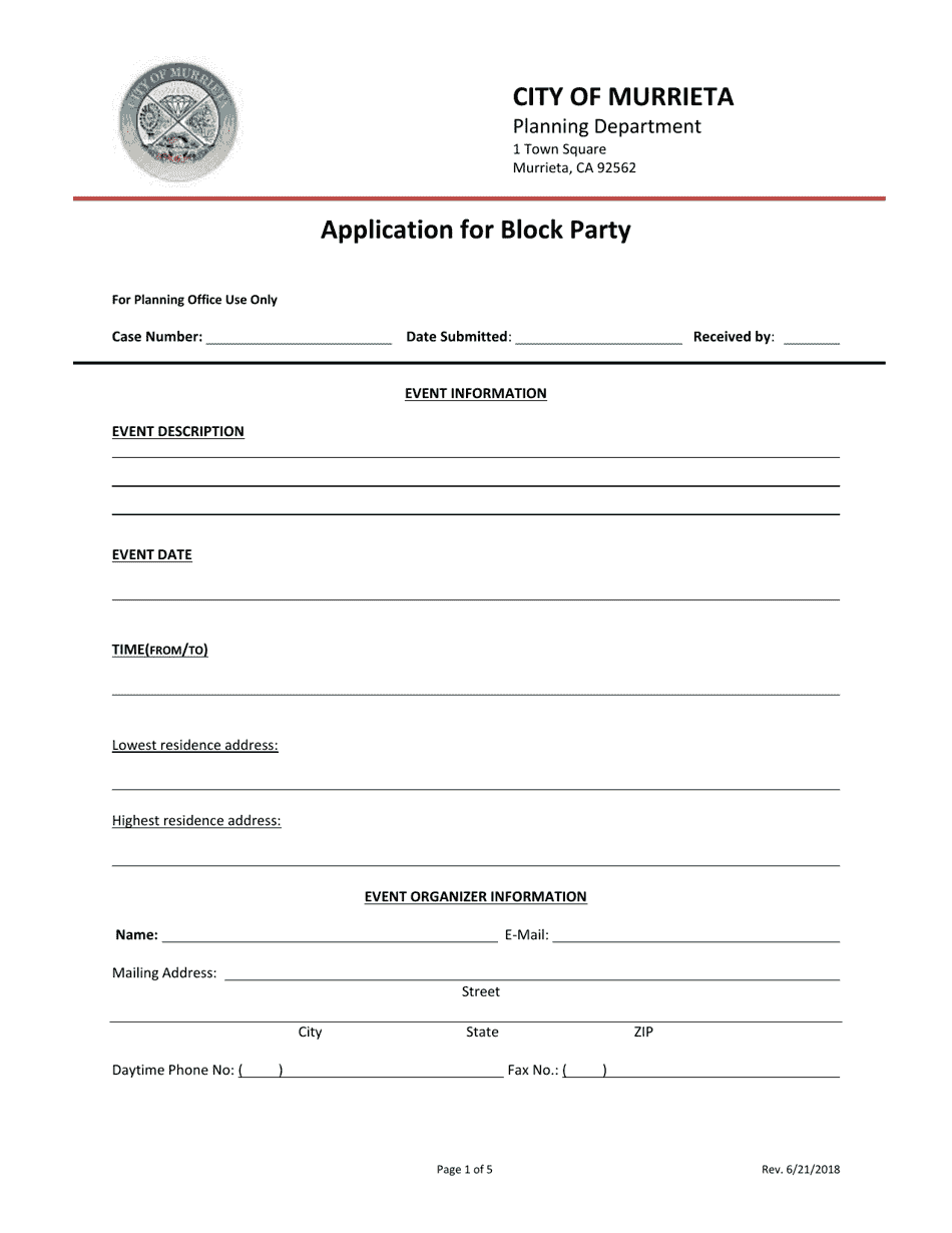 City of Murrieta, California Application for Block Party - Fill Out ...