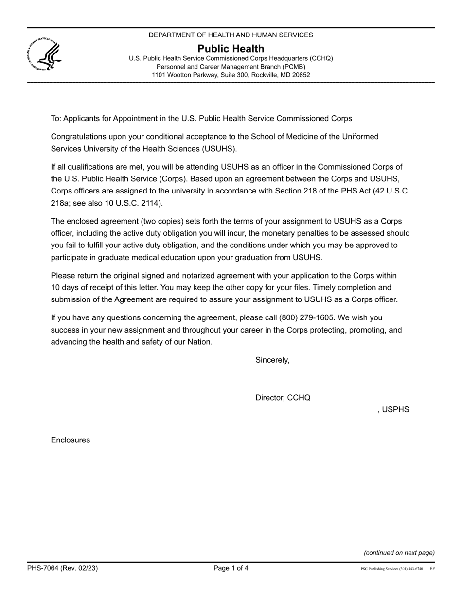 Form PHS-7064 - Fill Out, Sign Online and Download Fillable PDF ...