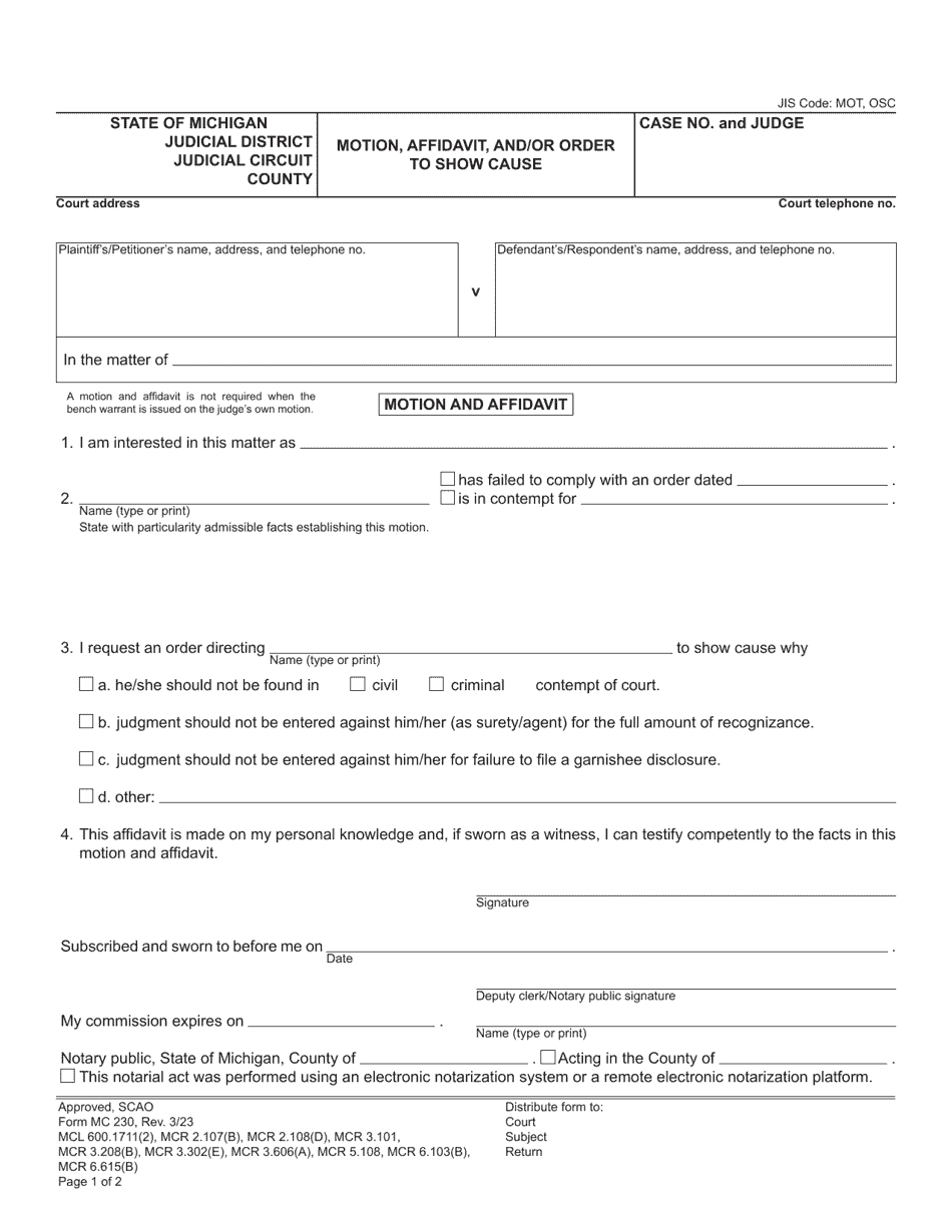 Form MC230 Download Fillable PDF or Fill Online Motion, Affidavit, and ...