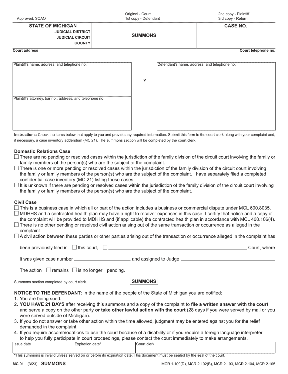 Form MC01 Download Fillable PDF or Fill Online Summons, Michigan 2019 — 2026 | Templateroller