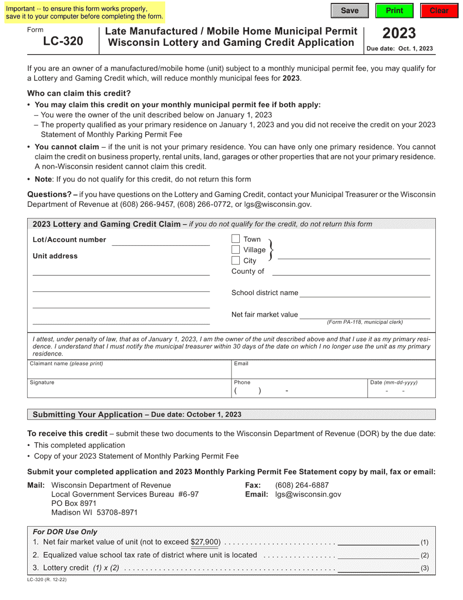Form LC-320 Download Fillable PDF or Fill Online Late Manufactured ...
