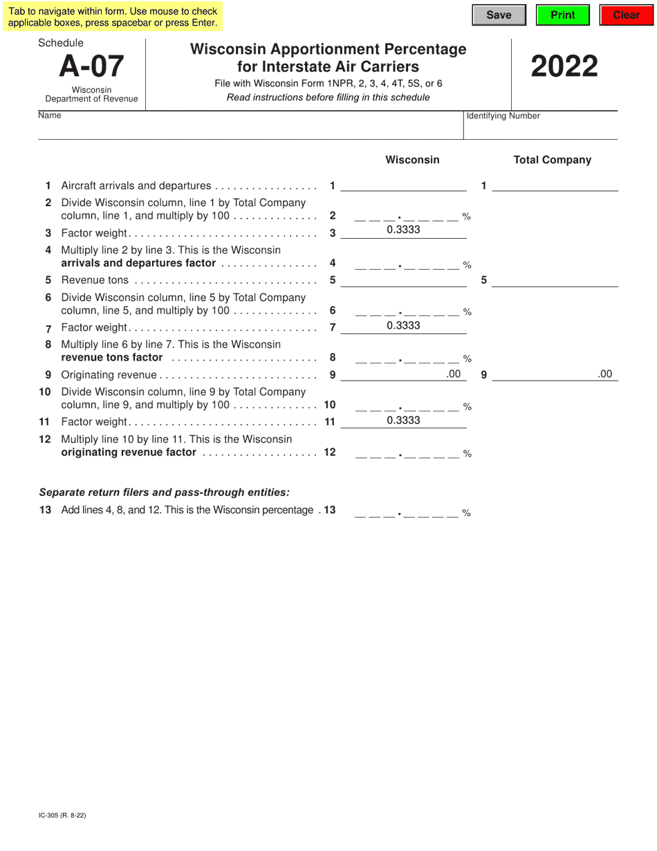 Form IC-305 Schedule A-07 Download Fillable PDF or Fill Online ...
