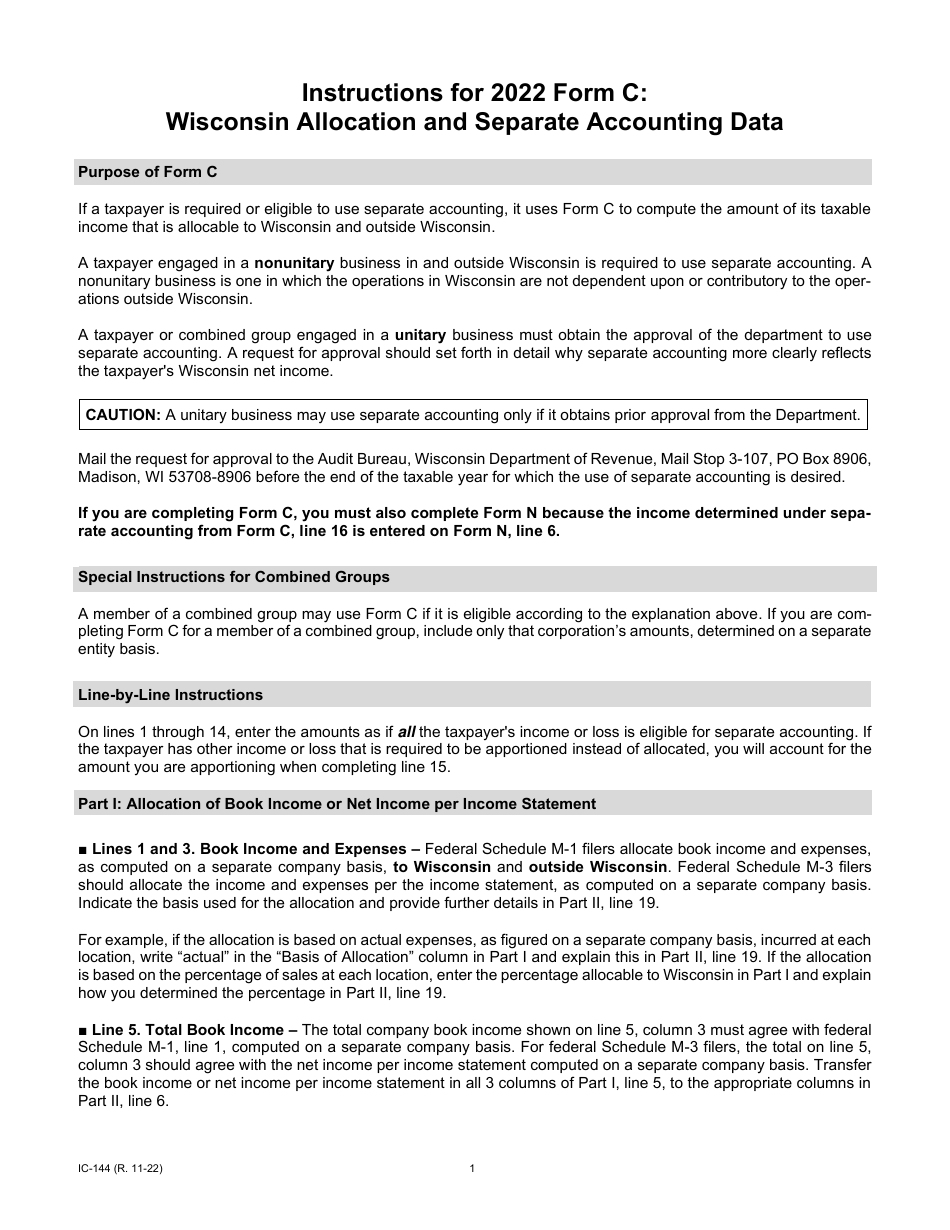 Download Instructions for Form C, IC-044 Wisconsin Allocation and ...