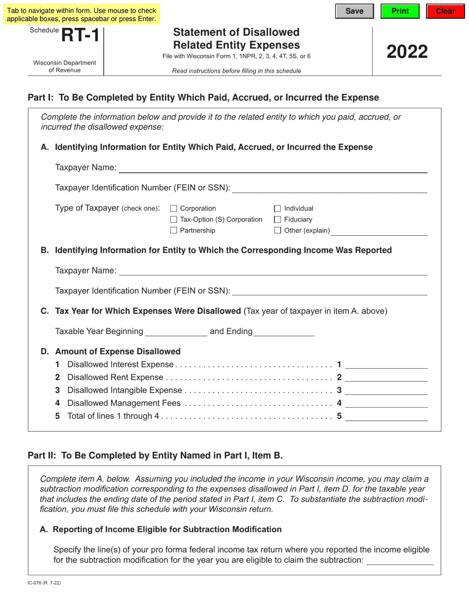 Form IC-076 Schedule RT-1 - 2022 - Fill Out, Sign Online and Download ...