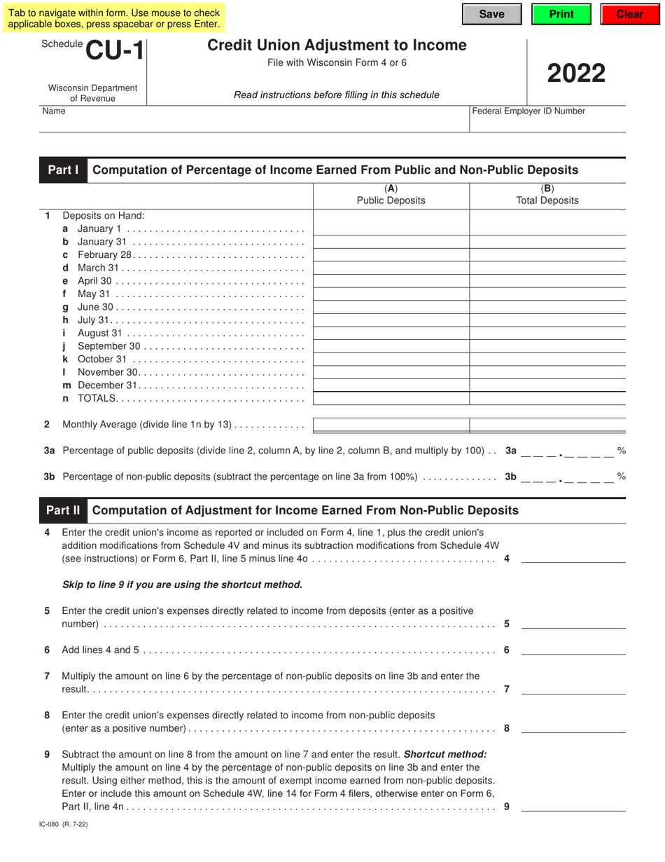 Form IC-080 Schedule CU-1 - 2022 - Fill Out, Sign Online and Download Fillable PDF, Wisconsin ...