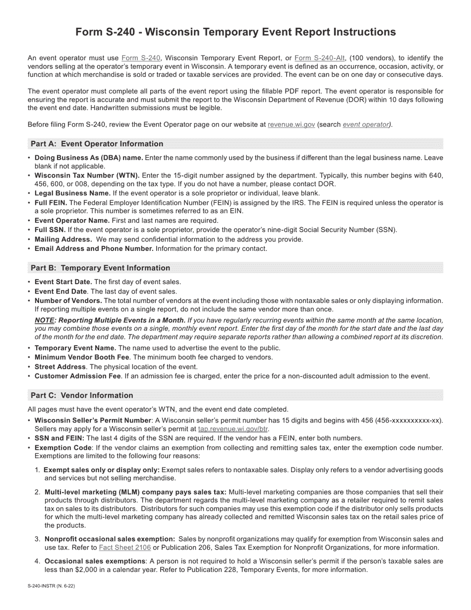 Download Instructions for Form S-240 Wisconsin Temporary Event Report ...