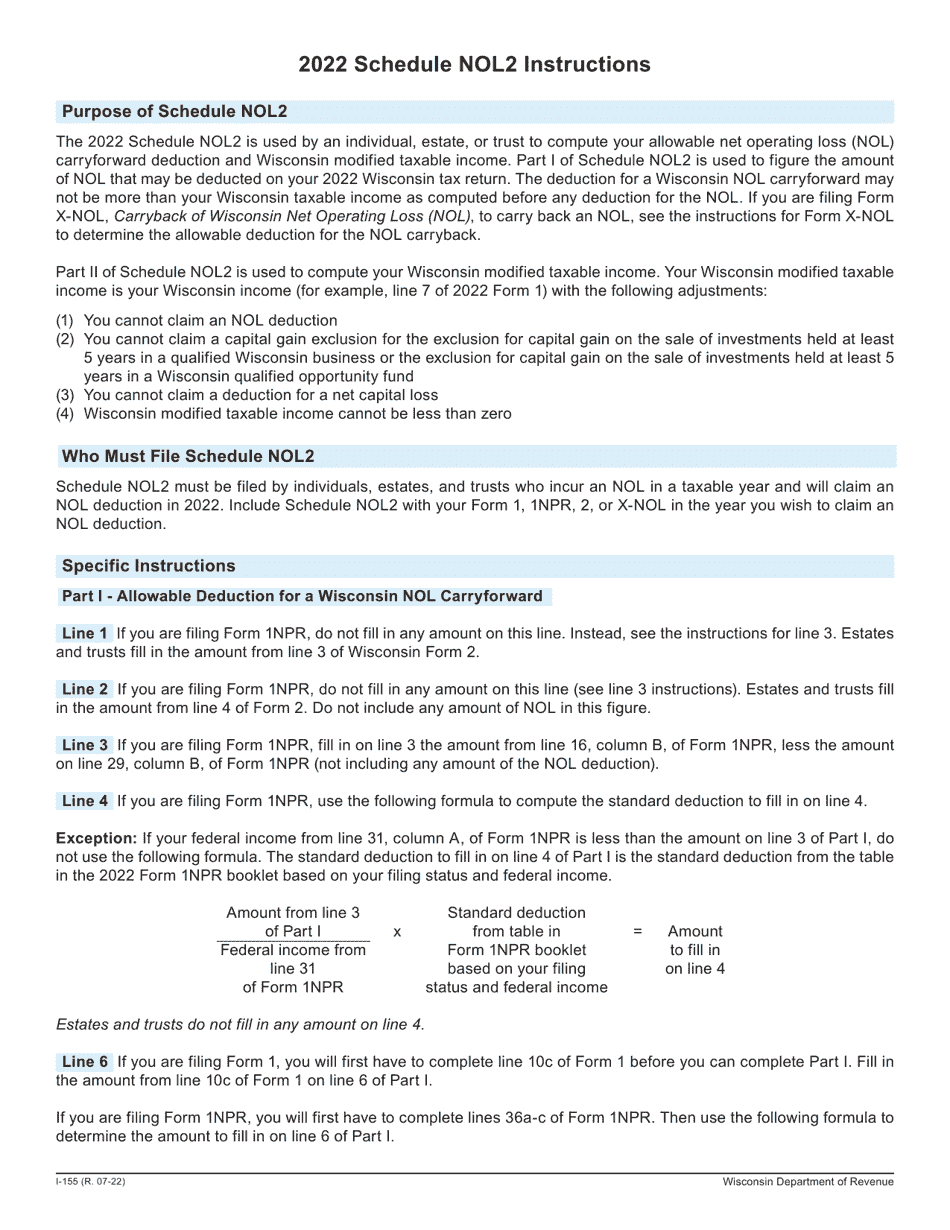 Download Instructions for Form I-055 Schedule NOL2 Net Operating Loss ...