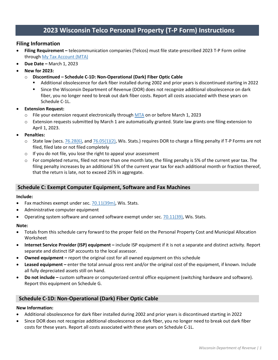Download Instructions for Form T-P Wisconsin Telco Personal Property ...