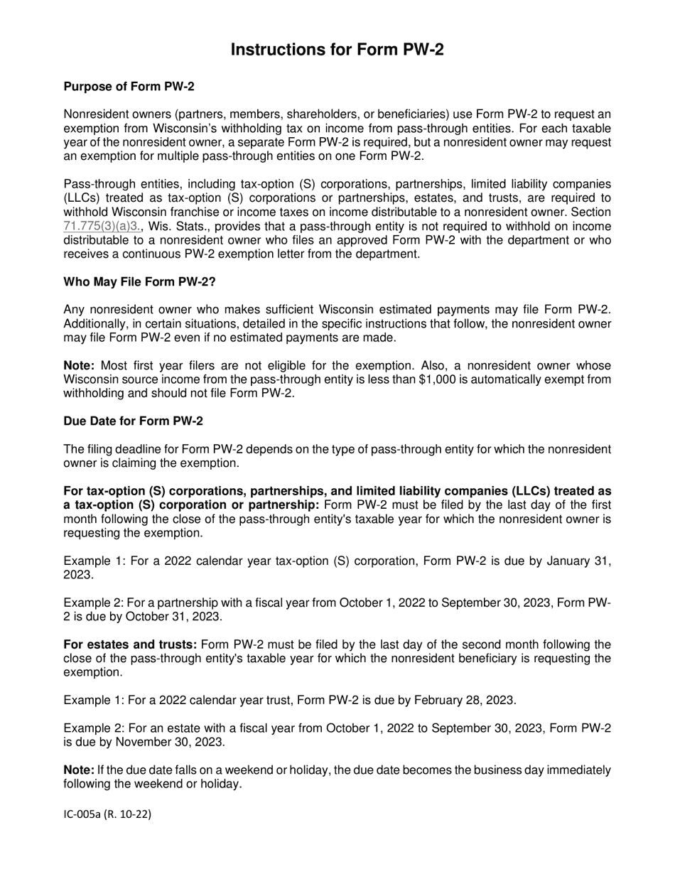 Download Instructions for Form PW-2, IC-005 Wisconsin Nonresident ...