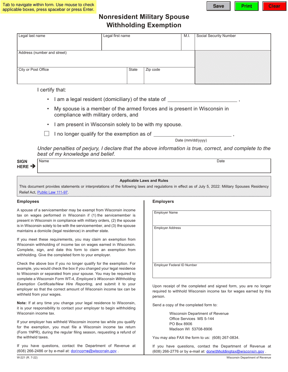 Form W-221 Download Fillable PDF or Fill Online Nonresident Military ...