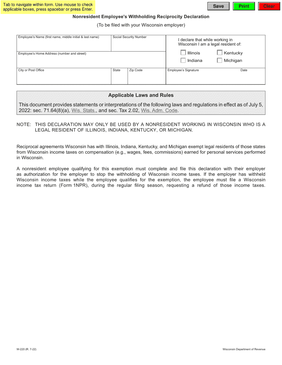 Form W-220 Download Fillable PDF or Fill Online Nonresident Employee's ...
