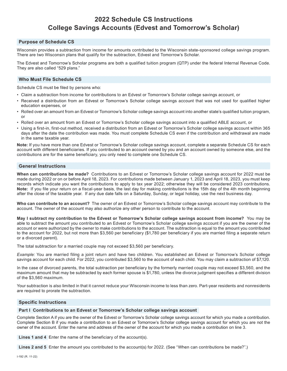 Download Instructions for Form I-092 Schedule CS College Savings ...