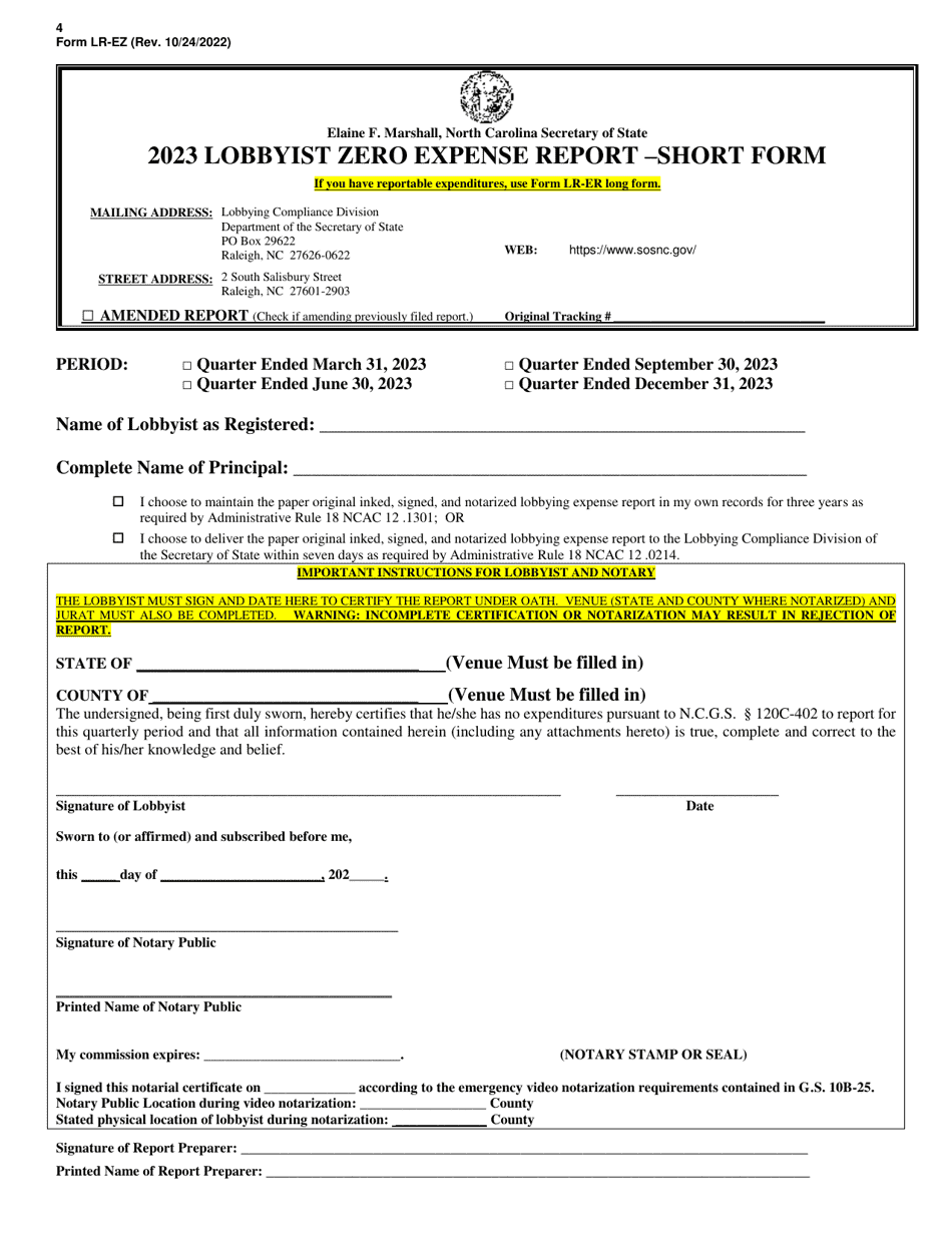 Form LR-EZ Download Printable PDF or Fill Online Lobbyist ...