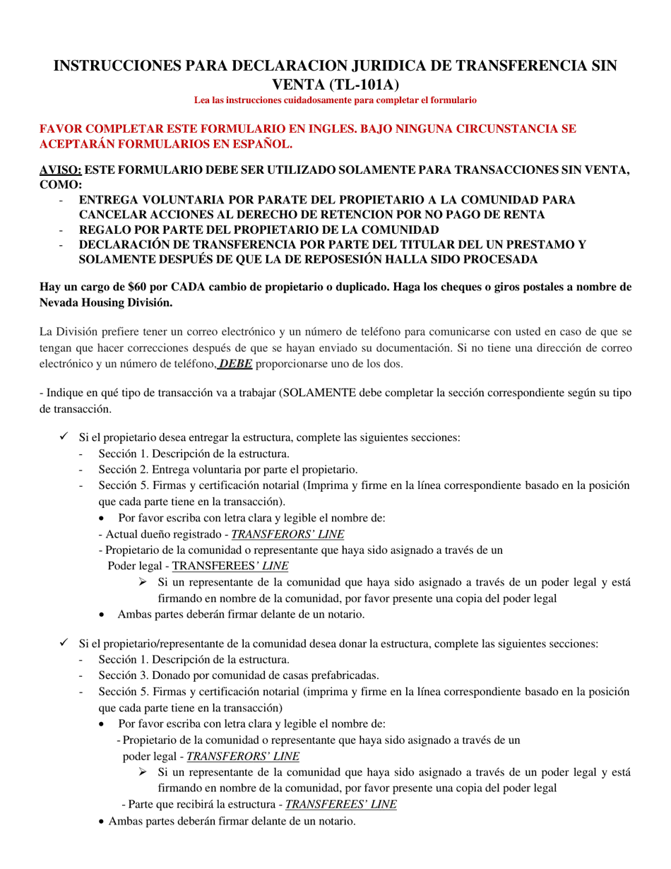Form TL-101A - Fill Out, Sign Online and Download Printable PDF, Nevada ...