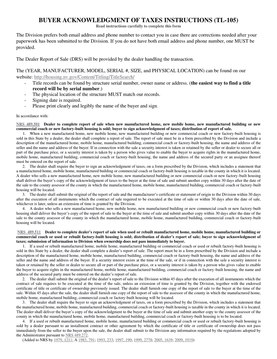 Form TL-105 - Fill Out, Sign Online and Download Fillable PDF, Nevada ...