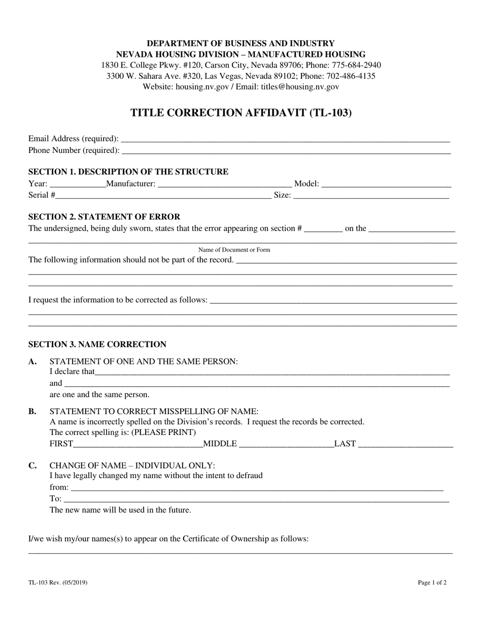 Form TL-103 - Fill Out, Sign Online and Download Fillable PDF, Nevada ... Form TL-103 - Fill Out, Sign Online and Download Fillable PDF, Nevada ...