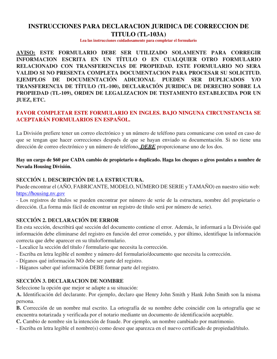 Form TL-103A - Fill Out, Sign Online and Download Printable PDF, Nevada ...