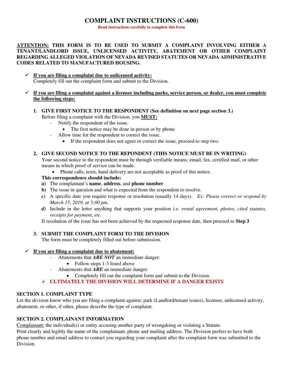 Form C-600 - Fill Out, Sign Online and Download Fillable PDF, Nevada ...